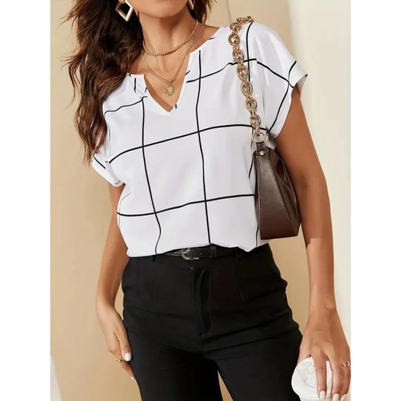Tops | Minimalist Checker Print Short Sleeve Blouse White And Black ...